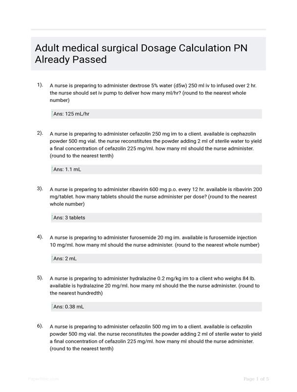 Adult Medical Surgical Dosage Calculation PN Study Guide Questions And ...