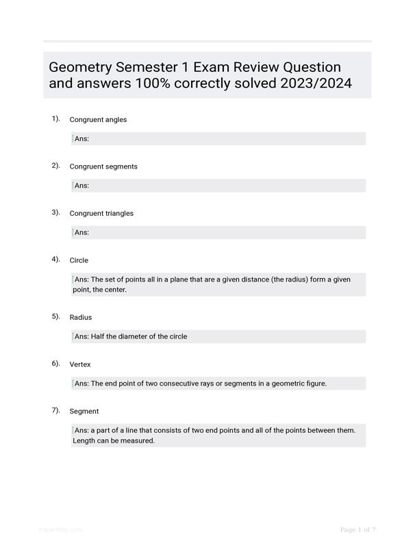 Geometry Semester 1 Exam Review Question And Answers 100% Correctly Solved 2023/2024