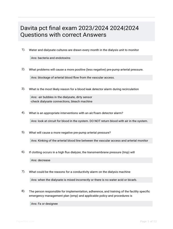 Davita Pct Final Exam 2023/2024 QUESTIONS & ANSWERS 2024 100% COMPLETE ...