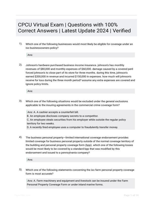 CPCU Virtual Exam | Questions With 100% Correct Answers | Latest Update ...