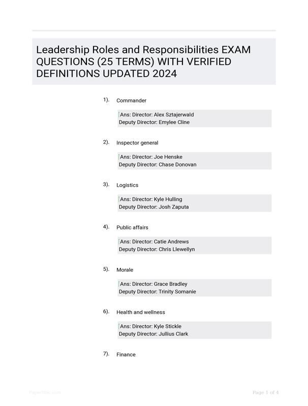 Leadership Roles And Responsibilities Study Guide Questions And Correct ...