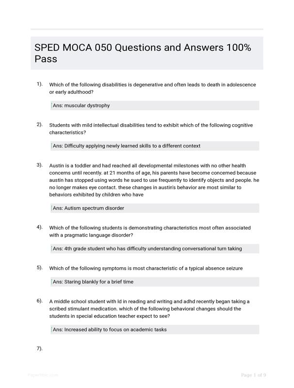 SPED MOCA 050 Questions And Answers 100% Pass