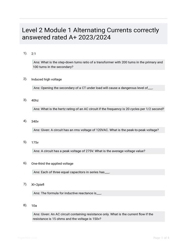 Level 2 Module 1 Alternating Currents Correctly Answered Rated A+ 2023/2024