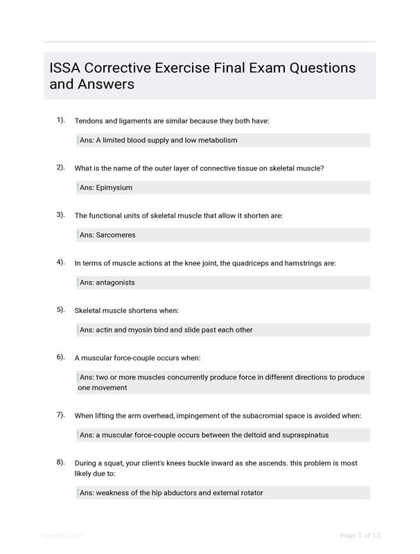ISSA Corrective Exercise Final Exam Questions And Answers