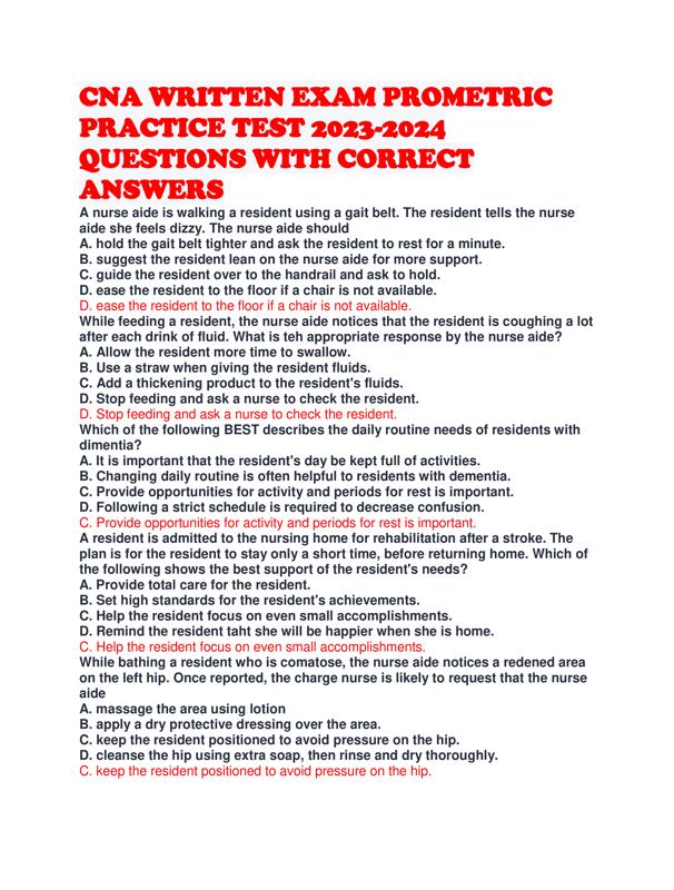 CNA WRITTEN EXAM PROMETRIC PRACTICE TEST 2023-2024 QUESTIONS WITH ...