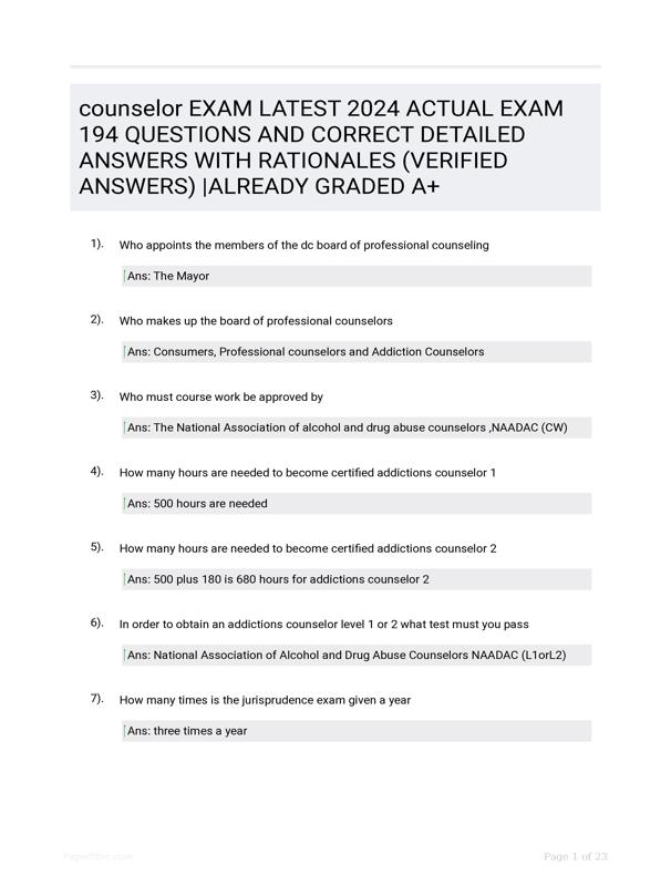 Counselor EXAM LATEST 2024 ACTUAL EXAM 194 QUESTIONS AND CORRECT ...