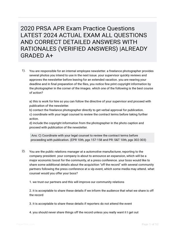 2020 PRSA APR Exam Practice Questions LATEST 2024 ACTUAL EXAM ALL ...