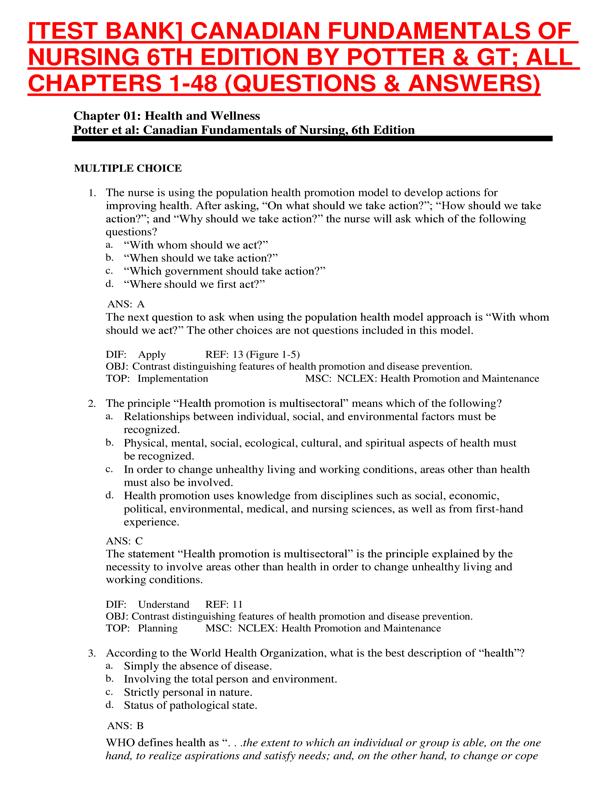 [TEST BANK] CANADIAN FUNDAMENTALS OF NURSING 6TH EDITION BY POTTER & GT ...