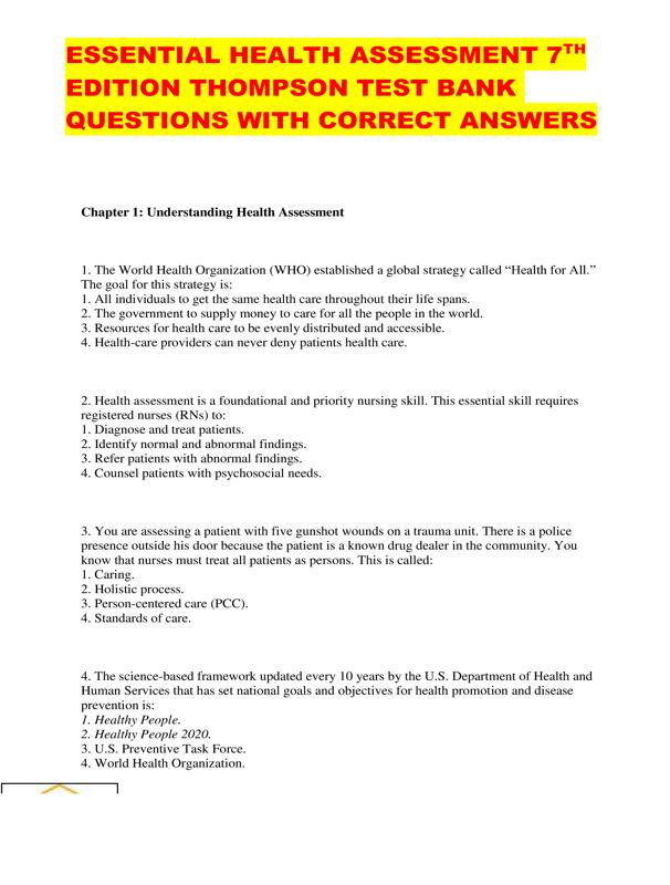 ESSENTIAL HEALTH ASSESSMENT 7TH EDITION THOMPSON TEST BANK QUESTIONS ...