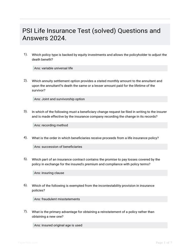 PSI Life Insurance Test (solved) Questions And Answers 2024.