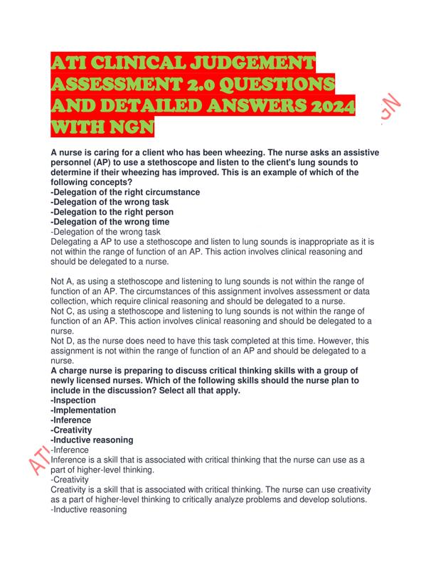 ATI CLINICAL JUDGEMENT ASSESSMENT 2.0 QUESTIONS AND DETAILED ANSWERS ...