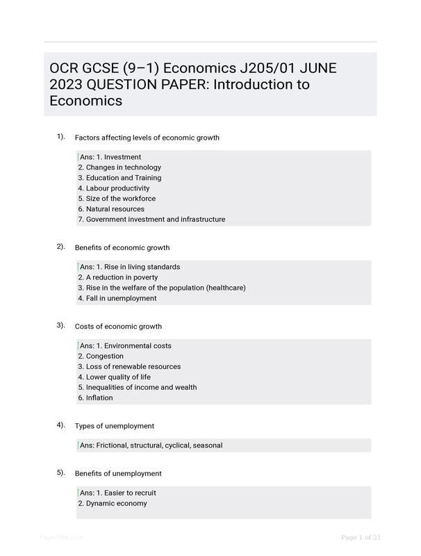 OCR GCSE (9 1) Economics J205/01 PAPER 1 JUNE 2023 FINAL QUESTION PAPER ...