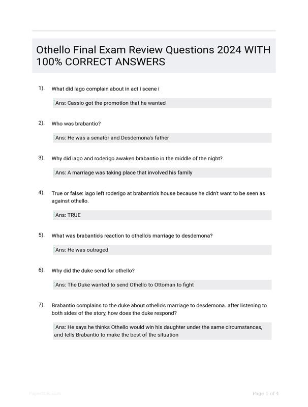 Othello Final Exam Review Questions 2024 WITH 100% CORRECT ANSWERS