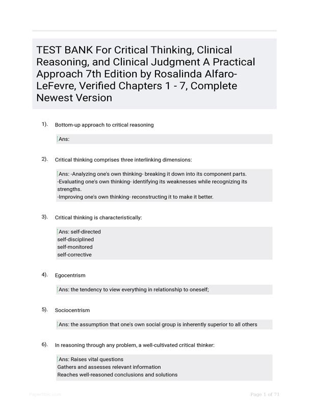 TEST BANK For Critical Thinking, Clinical Reasoning, And Clinical ...