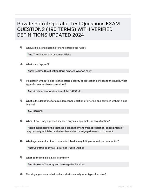 Private Patrol Operator Test Questions EXAM QUESTIONS (190 TERMS) WITH ...