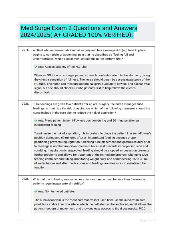Med Surge Exam 2 Questions And Answers 2024/2025( A+ GRADED 100% VERIFIED).