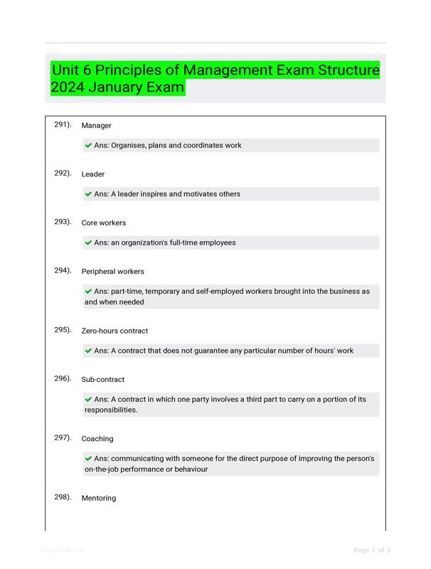 Unit 6 Principles Of Management Exam Structure 2024 January Exam
