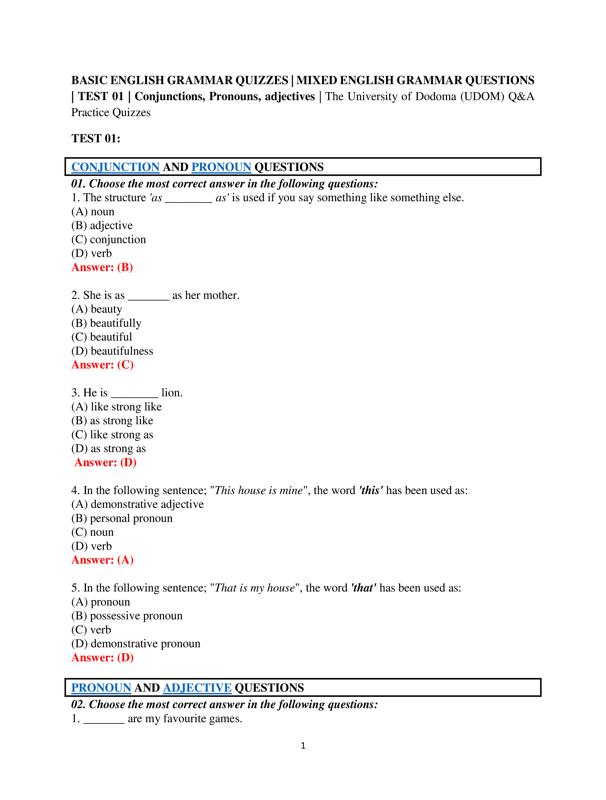 01 BASIC ENGLISH GRAMMAR QUIZZES-Test 01