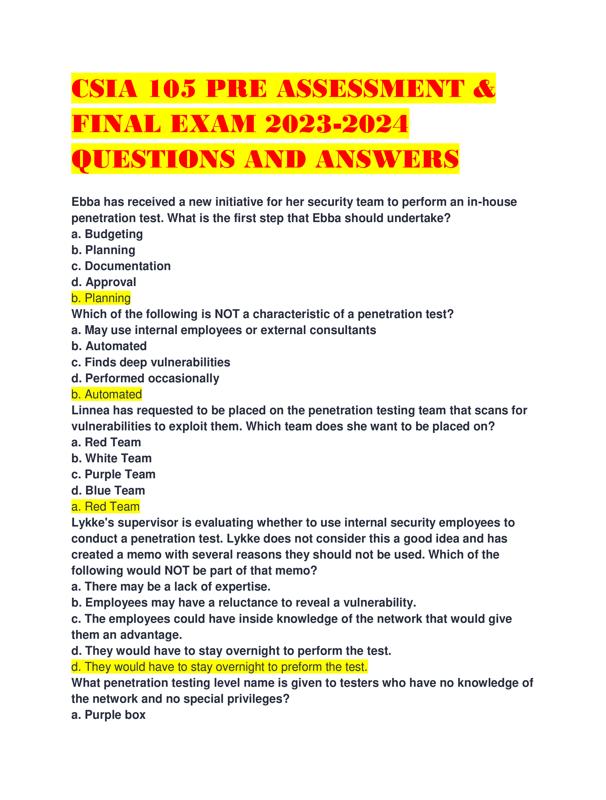 CSIA 105 PRE ASSESSMENT & FINAL EXAM 2023-2024 QUESTIONS AND ANSWERS