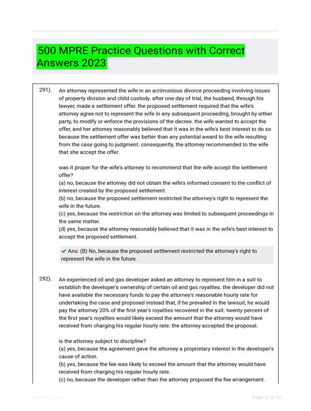 500 MPRE Practice Questions With Correct Answers 2023