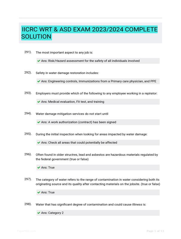 IICRC WRT & ASD EXAM 2023/2024 COMPLETE SOLUTION
