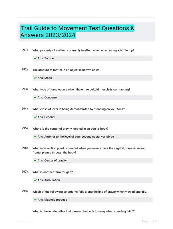 Trail Guide To Movement Test Questions & Answers 2023/2024