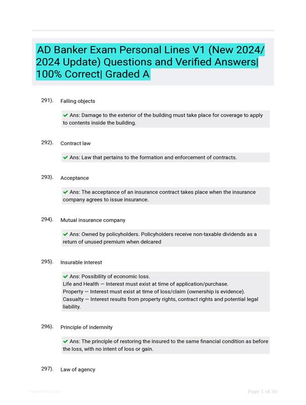 AD Banker Exam Personal Lines V1 (New 2024/ 2024 Update) Questions And ...