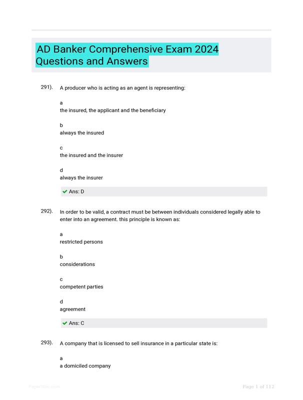 AD Banker Comprehensive Exam 2024 Questions And Answers AD Banker Comprehensive Exam 2024 Questions And Answers