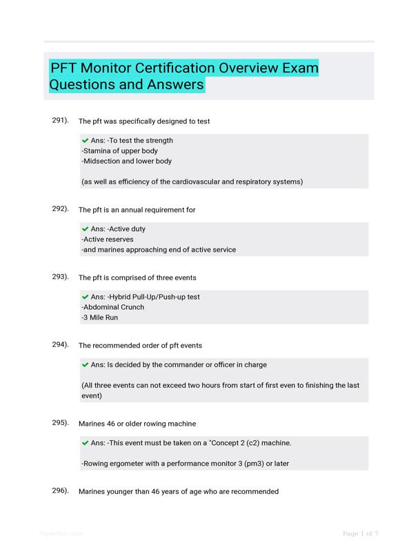 PFT Monitor Certification Overview Exam Questions And Answers