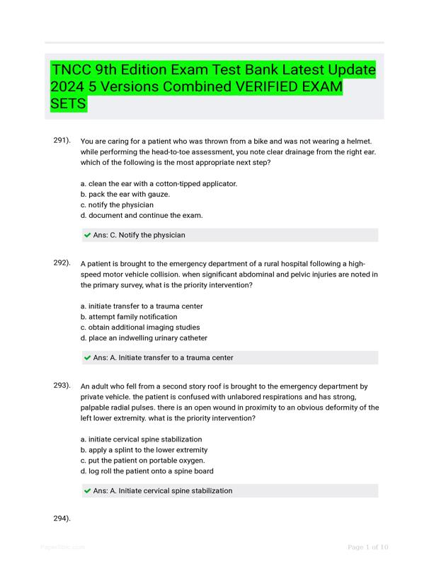 TNCC 9th Edition Exam Test Bank Latest Update 2024 5 Versions Combined ...