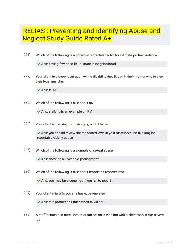 RELIAS : Preventing And Identifying Abuse And Neglect Study Guide Rated A+
