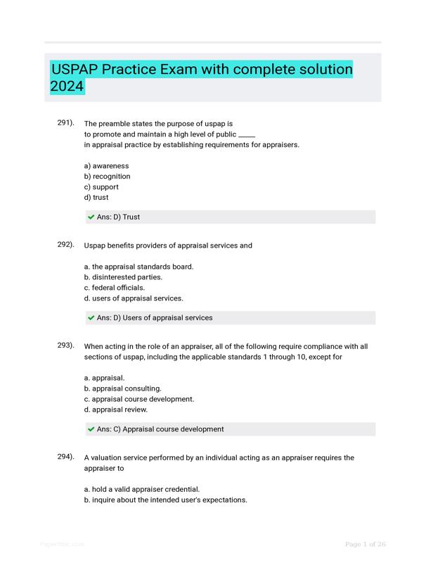 USPAP Practice Exam With Complete Solution 2024