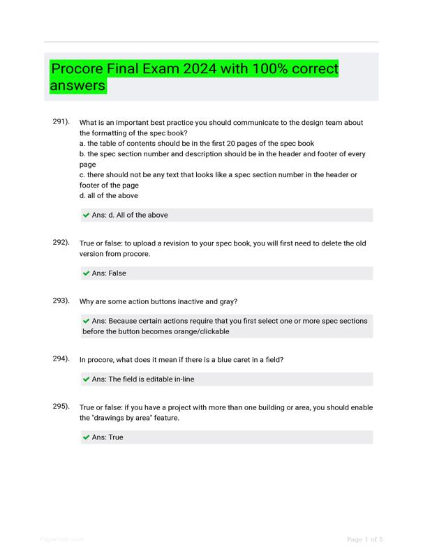 Procore Final Exam 2024 With 100% Correct Answers