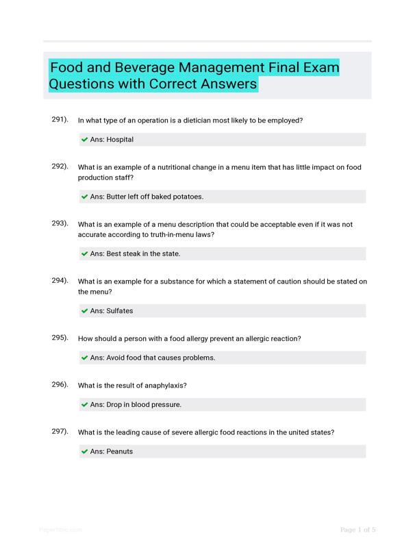 Food And Beverage Management Final Exam Questions With Correct Answers