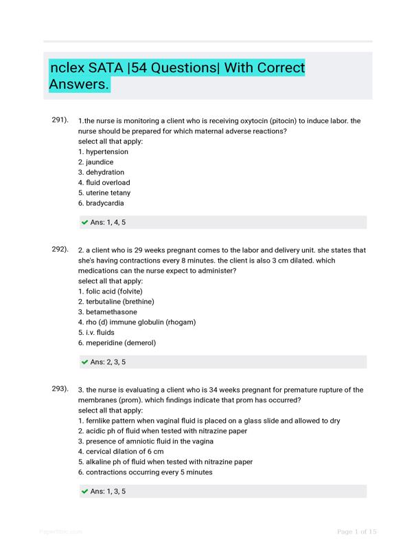 Nclex SATA Study Guide Questions And Correct Answers