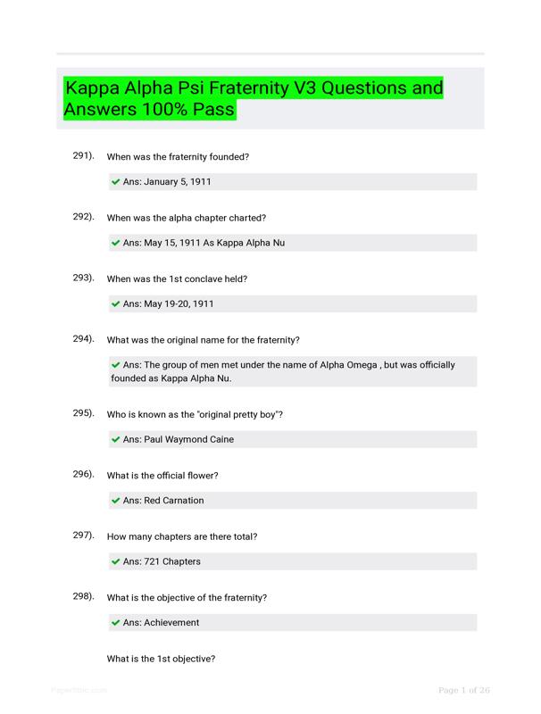 Kappa Alpha Psi Fraternity V3 Questions And Answers 100% Pass