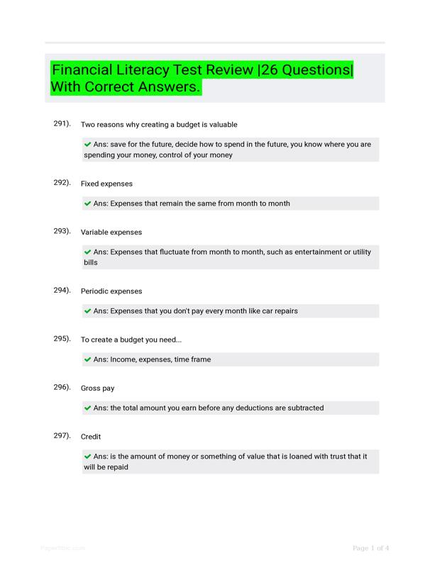 Financial Literacy Test Review |26 Questions| With Correct Answers.