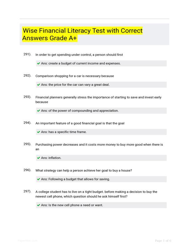 Wise Financial Literacy Test With Correct Answers Grade A+