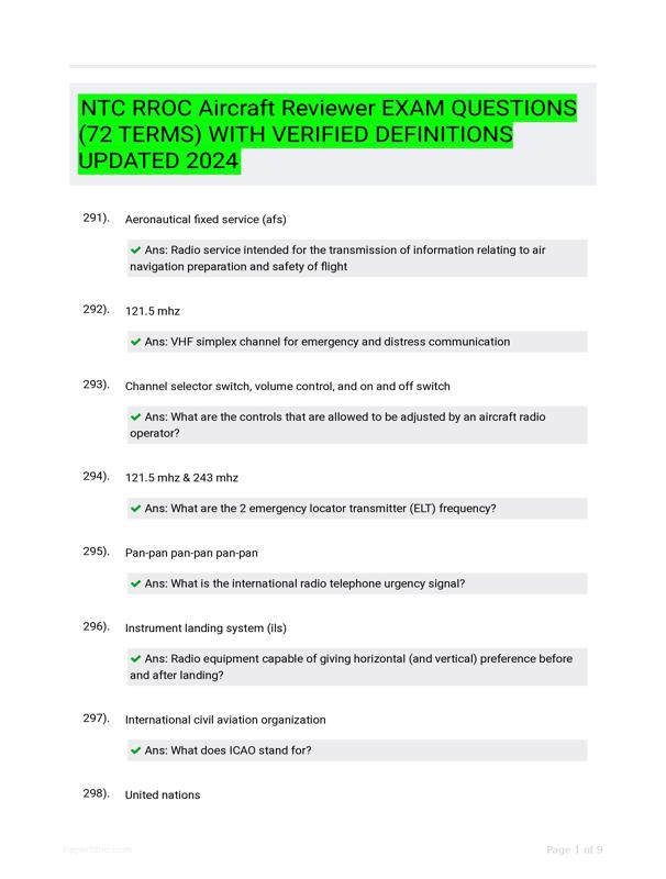 NTC RROC Aircraft Reviewer EXAM QUESTIONS (72 TERMS) WITH VERIFIED ...
