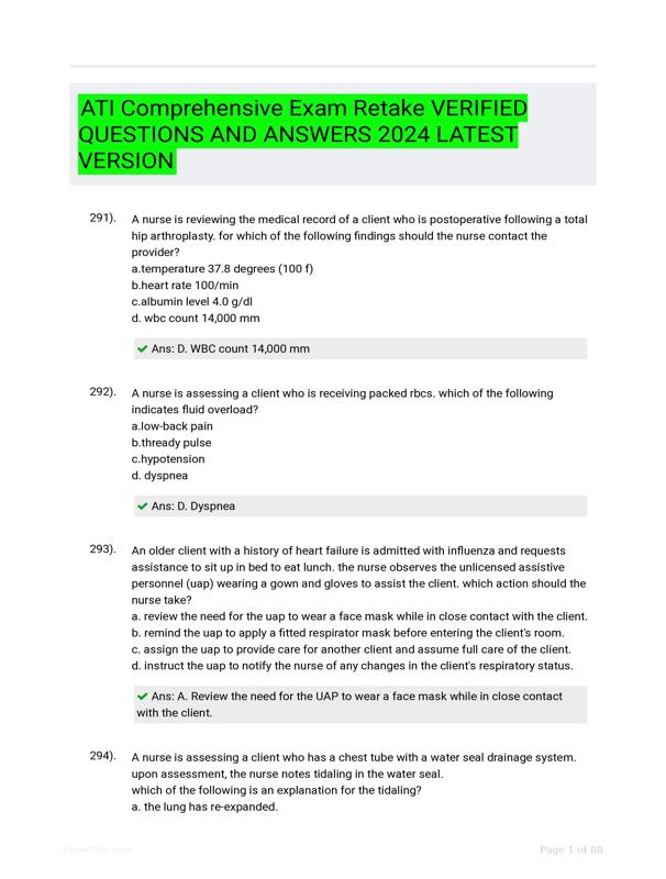 ATI Comprehensive Exam Retake VERIFIED QUESTIONS AND ANSWERS 2024 ...