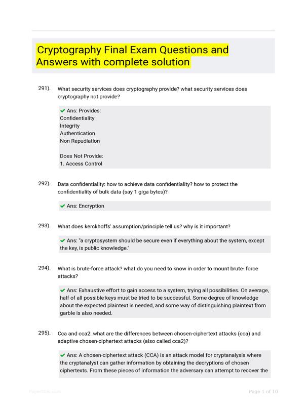 Cryptography Final Exam Questions And Answers With Complete Solution