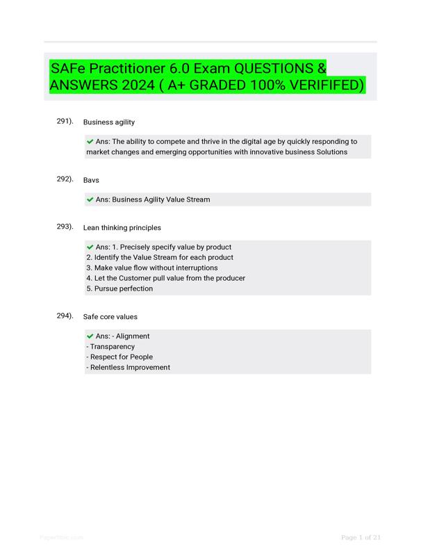 SAFe Practitioner 6.0 Exam QUESTIONS & ANSWERS 2024 ( A+ GRADED 100% ...