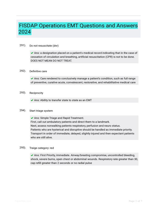 FISDAP Operations EMT Questions And Answers 2024