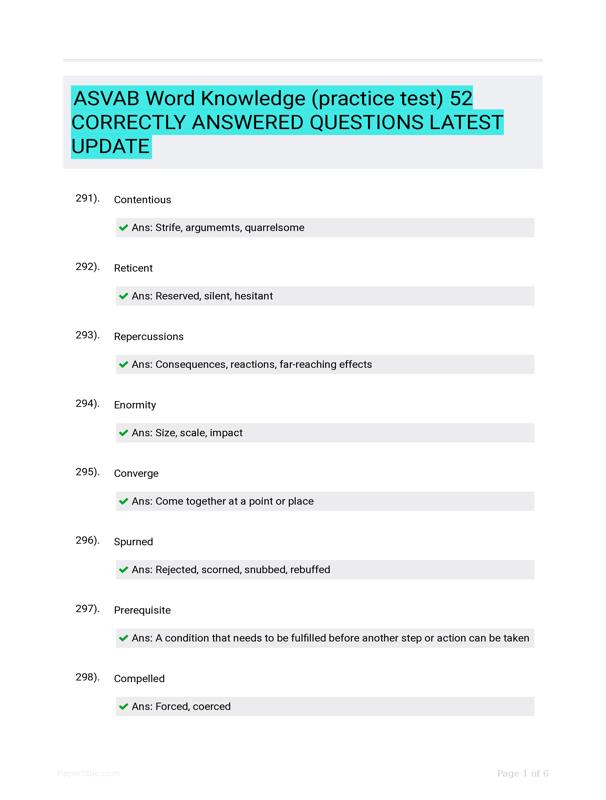 ASVAB Word Knowledge (practice Test) 52 CORRECTLY ANSWERED QUESTIONS ...