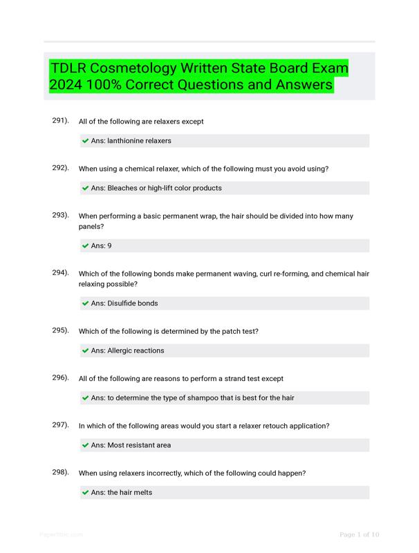 TDLR Cosmetology Written State Board Exam 2024 100% Correct Questions ...