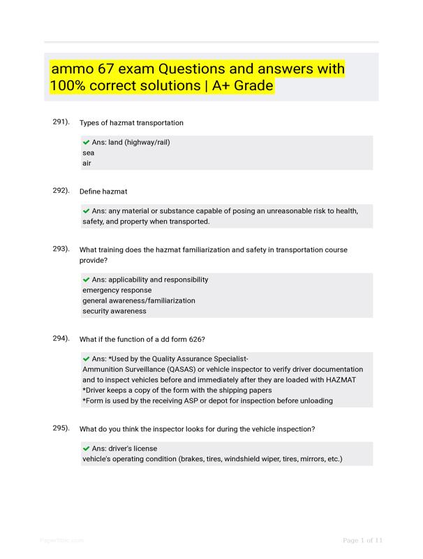 Ammo 67 Exam Questions And Answers With 100% Correct Solutions | A+ Grade