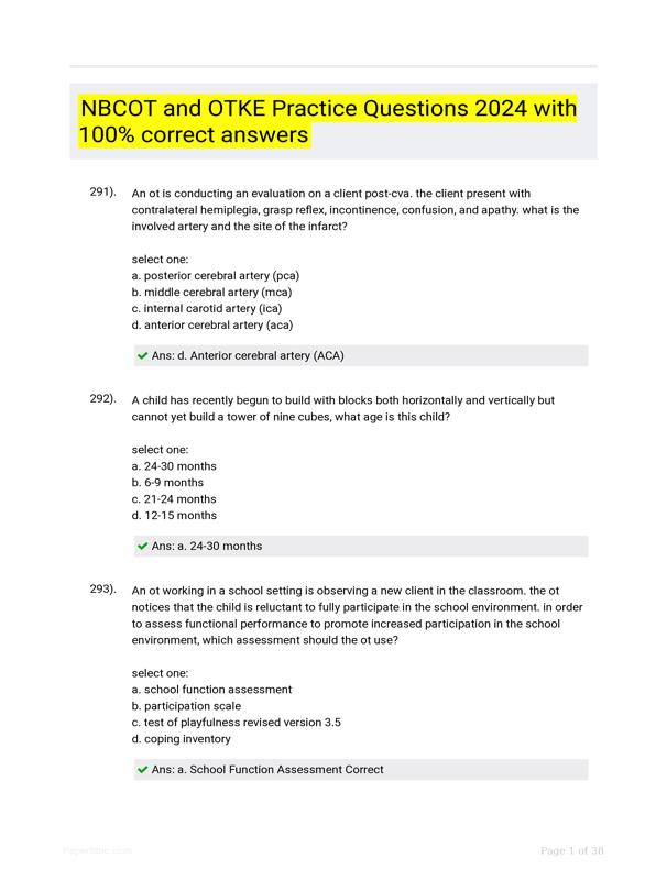 NBCOT And OTKE Practice Questions 2024 With 100% Correct Answers