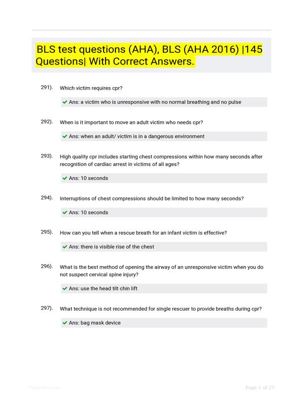BLS Test Questions (AHA), BLS (AHA 2016) |145 Questions| With Correct ...
