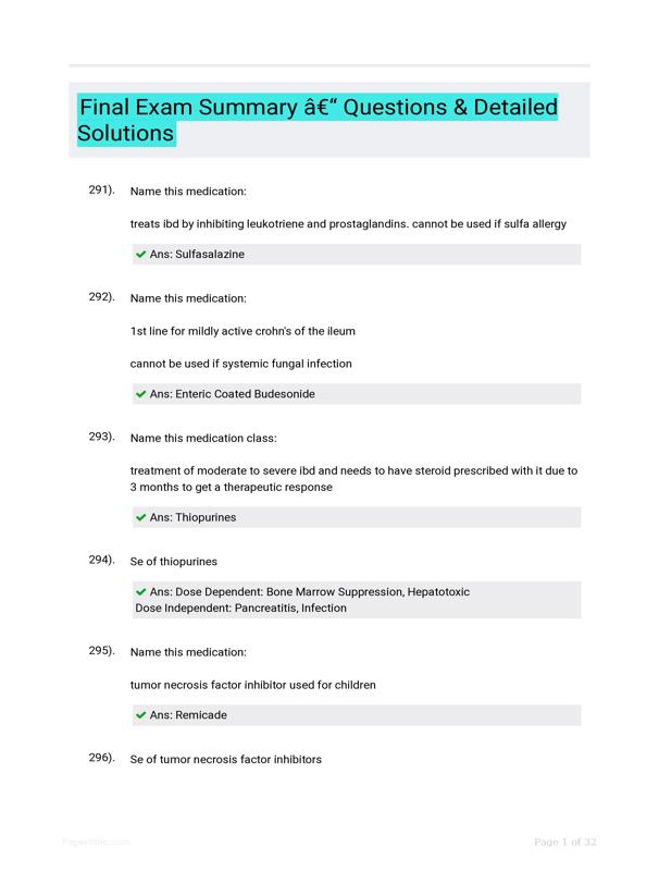 Final Exam Summary - Questions & Detailed Solutions