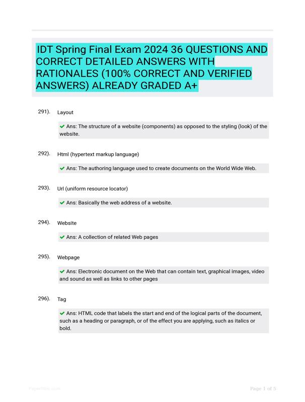 IDT Spring Final Exam 2024 36 QUESTIONS AND CORRECT DETAILED ANSWERS ...